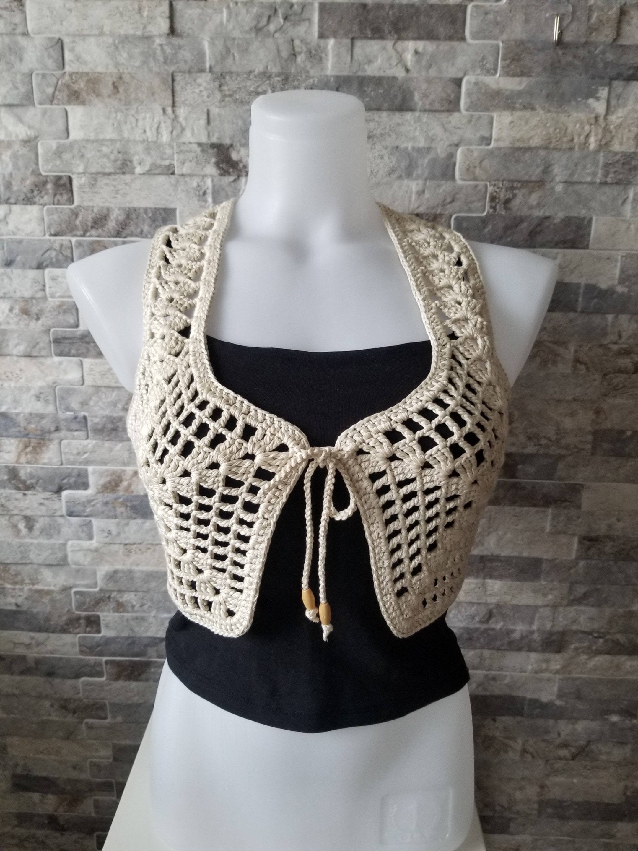 Crochet Crop Vest, Beige Cotton Top for Women, Bohemian Stylish Gift ...