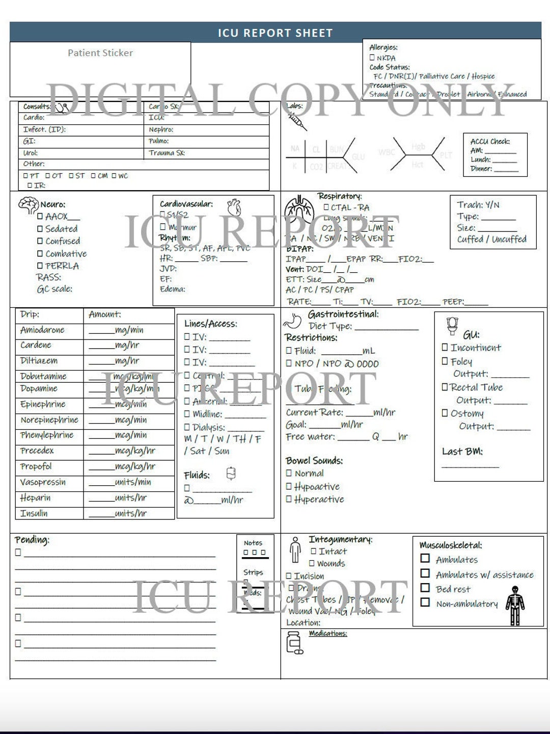 ICU Report Sheet - Etsy