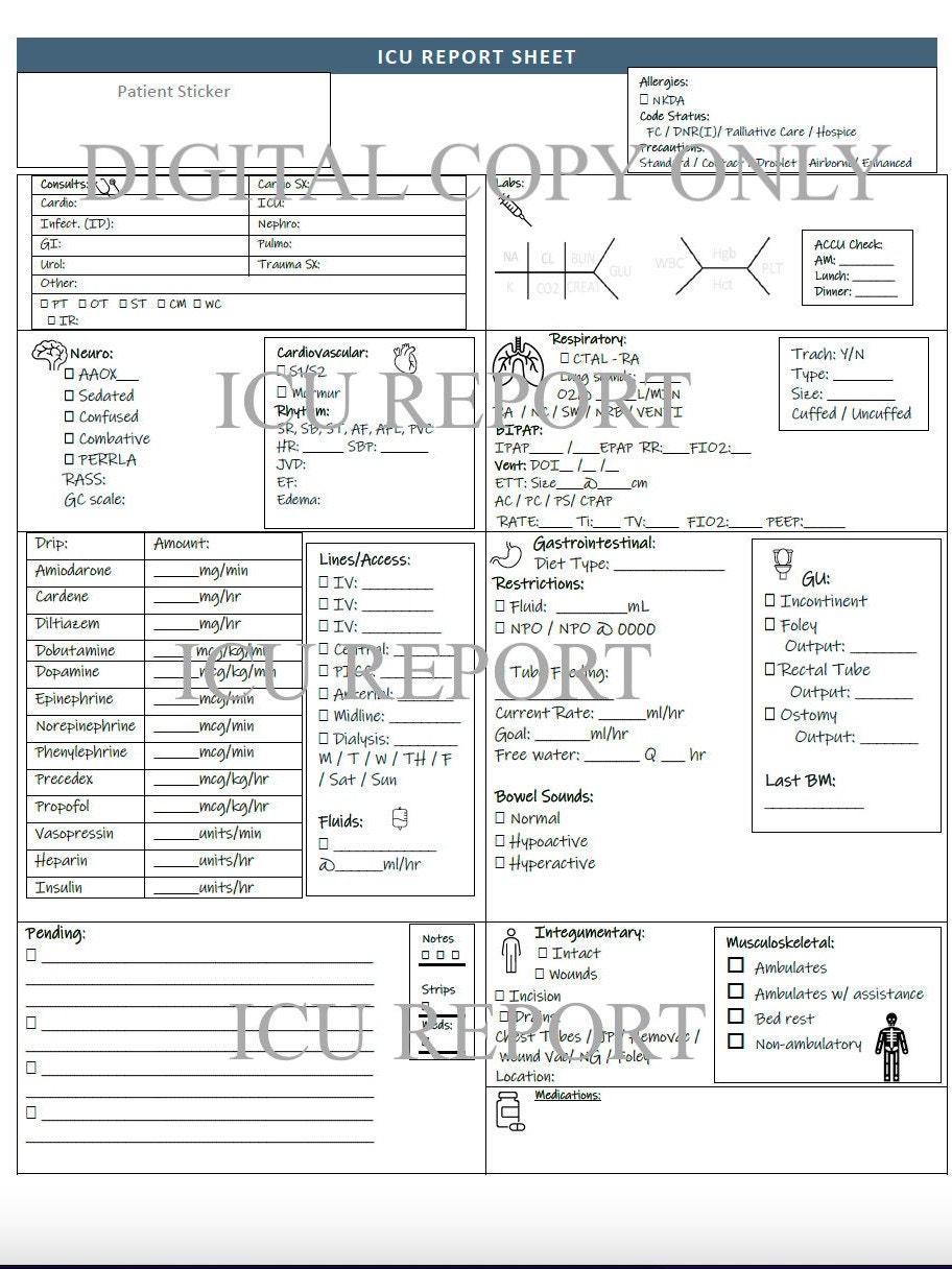 ICU Report Sheet - Etsy