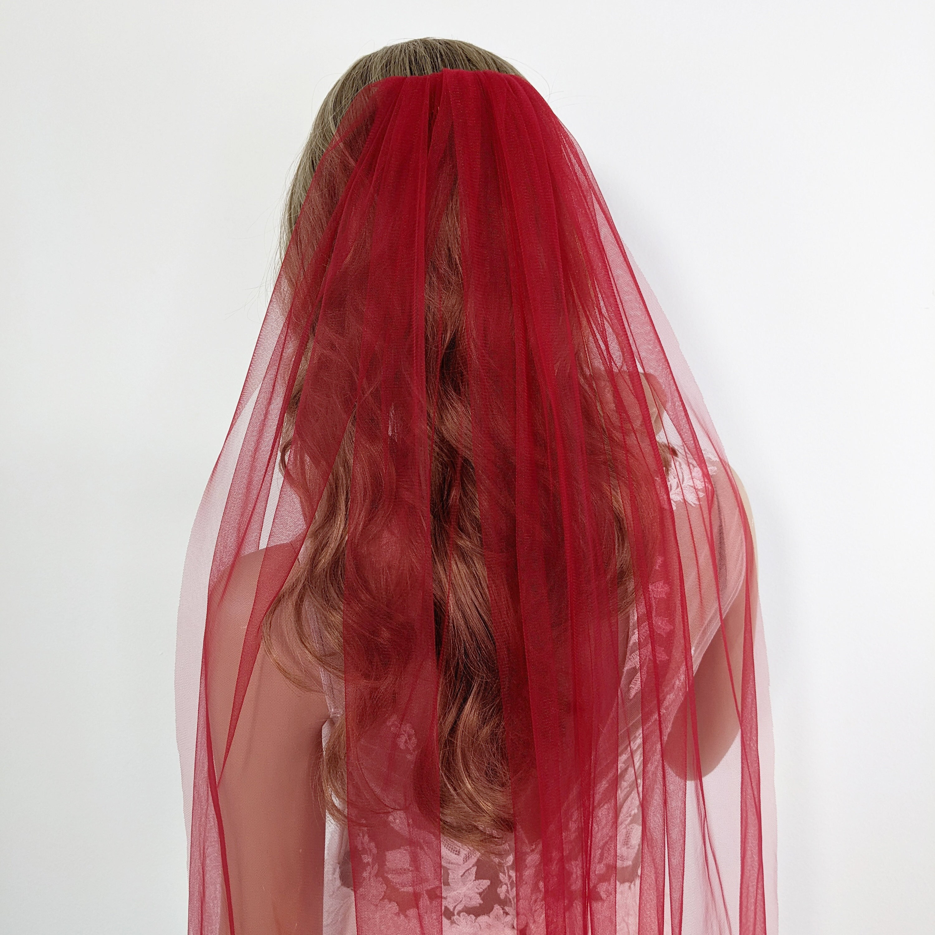 Simple Red Wedding Veil Barely There Rose Red Soft Tulle, Single Tier ...