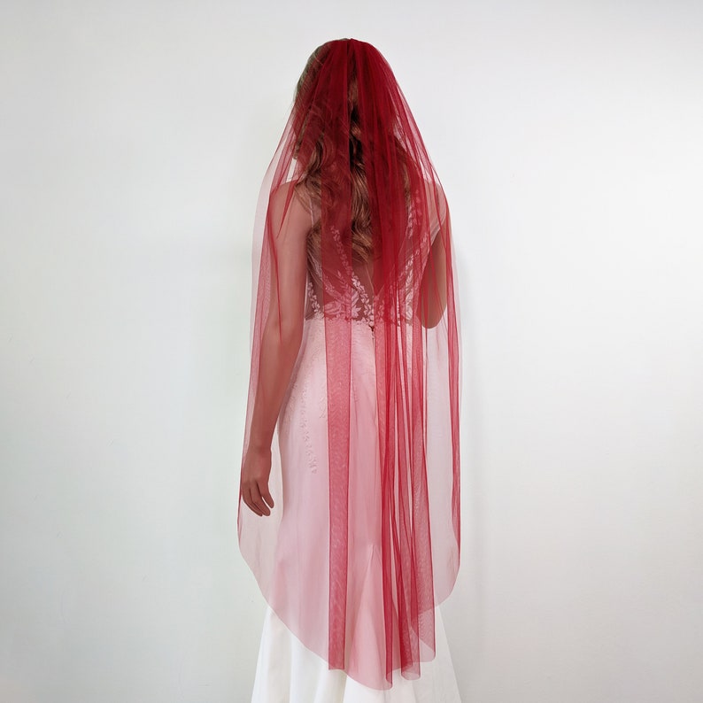 Simple Red Wedding Veil Barely There Rose Red Soft Tulle, Single Tier ...