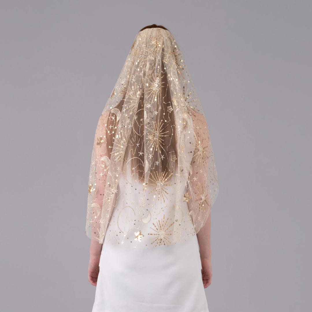 Celestial Gold Tulle Wedding Veil - Golden Star Soft Tulle, Single Tier ...