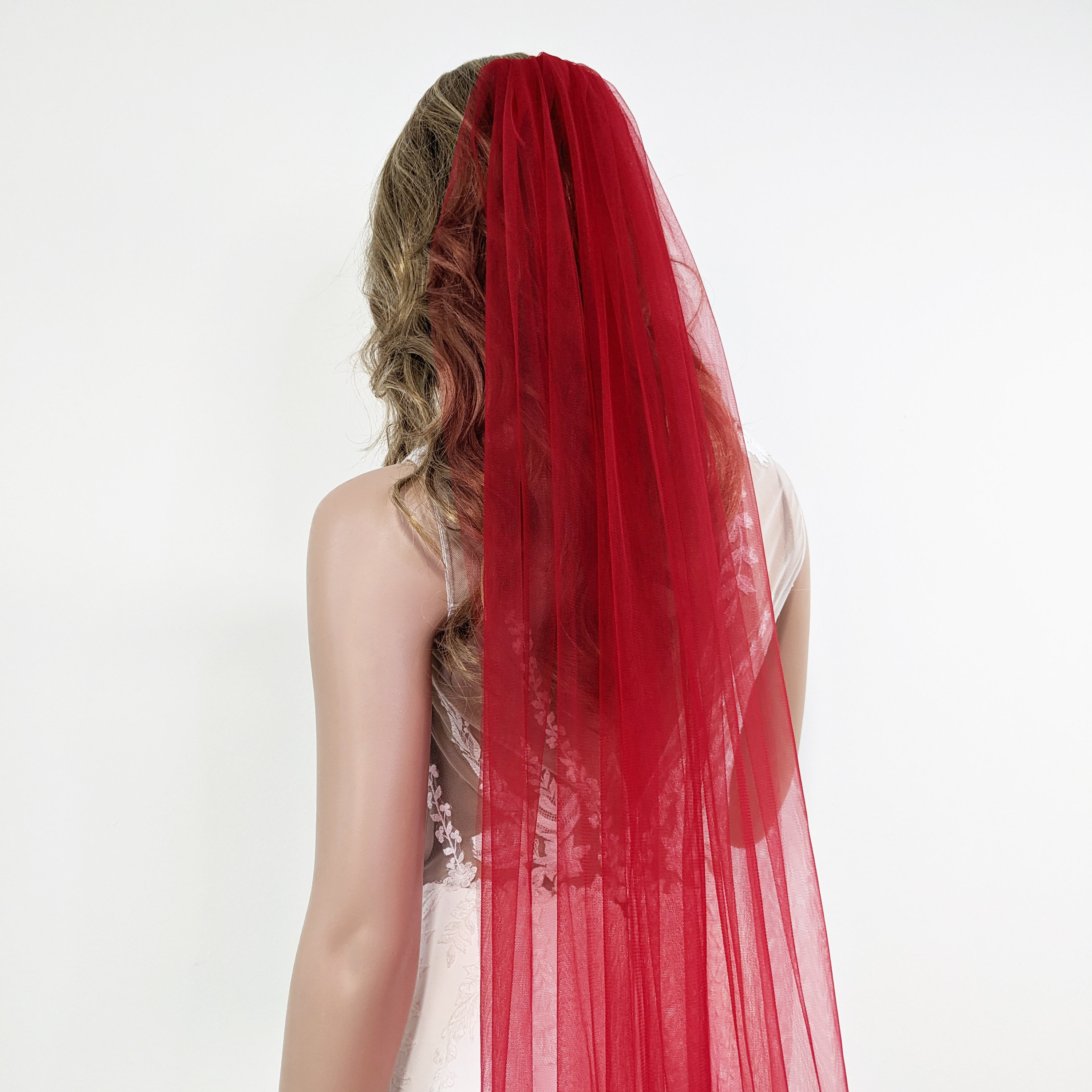 Simple Red Wedding Veil Barely There Rose Red Soft Tulle, Single Tier ...