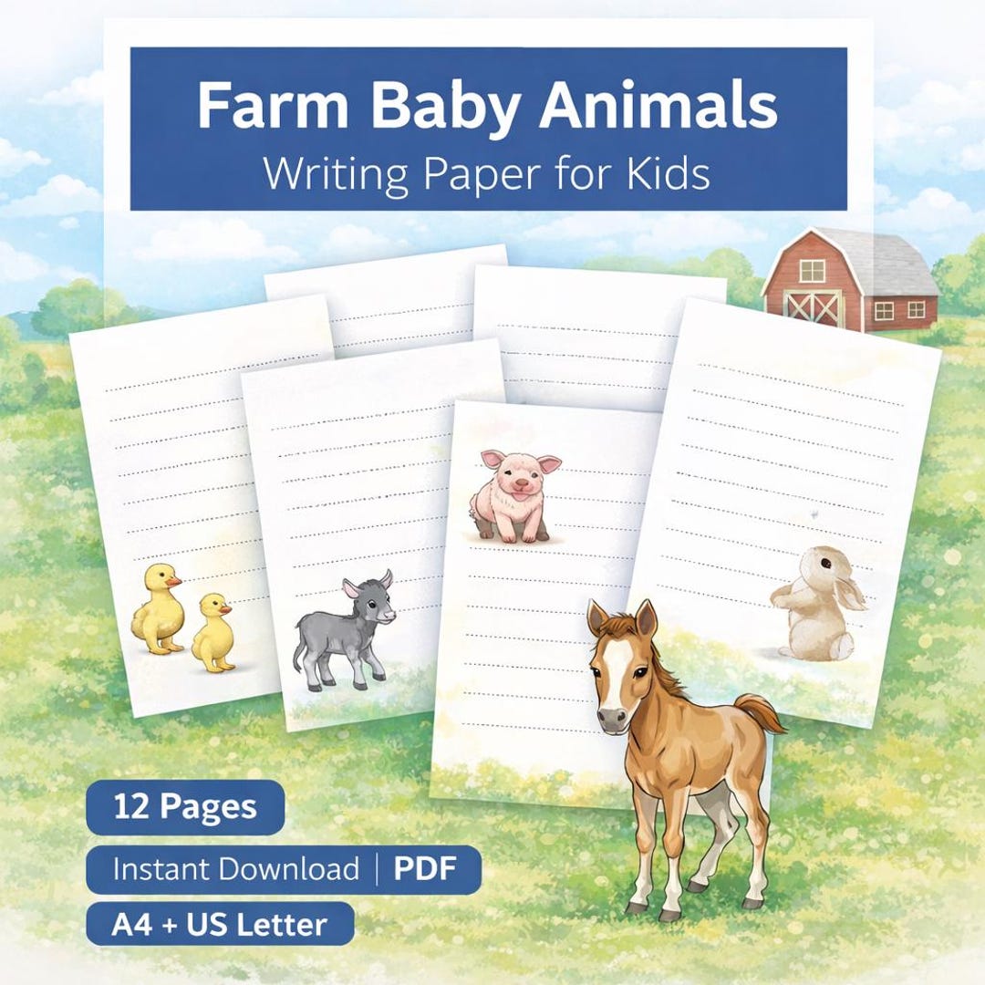Farm Baby Animals Writing Paper – 12 Cute Lined Printable Pages for ...