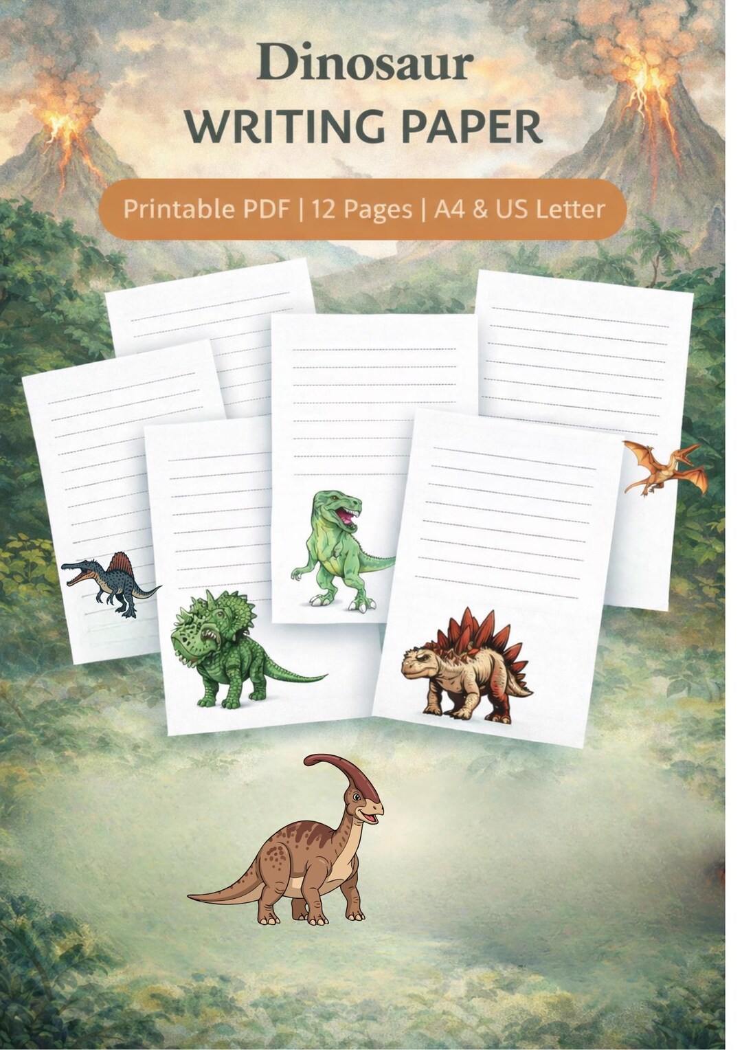 Dinosaur Writing Paper for Kids | Printable Lined Paper PDF | Dino ...