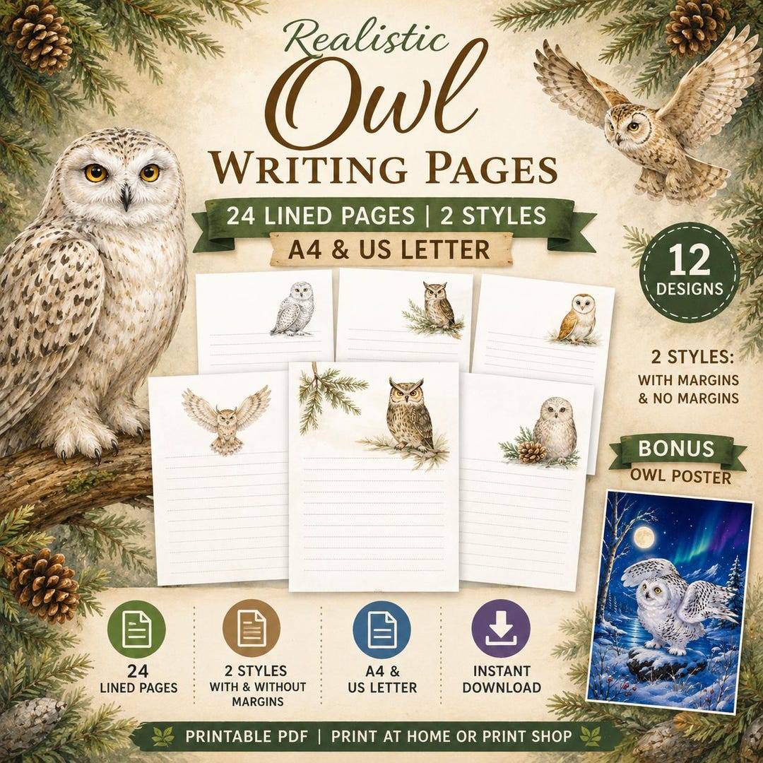 Realistic Owl Writing Paper Printable | Woodland Owl Stationery Set ...