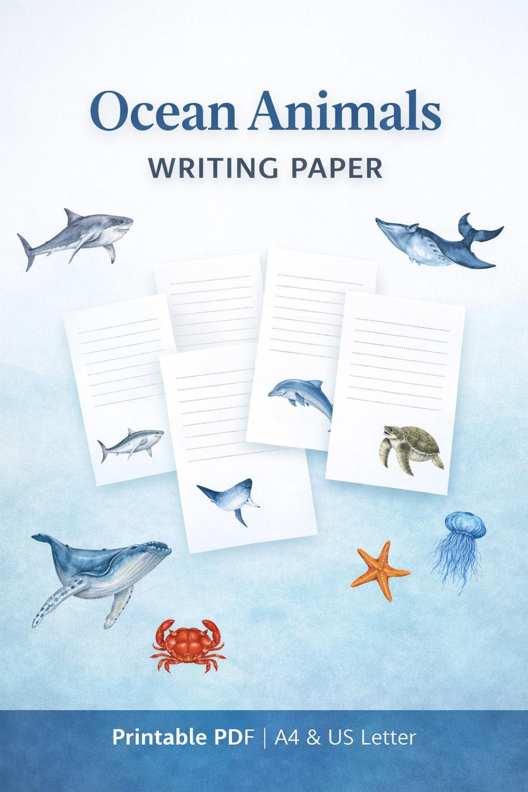 Ocean Animals Writing Paper Printable PDF | 12 Lined Pages | A4 & US ...