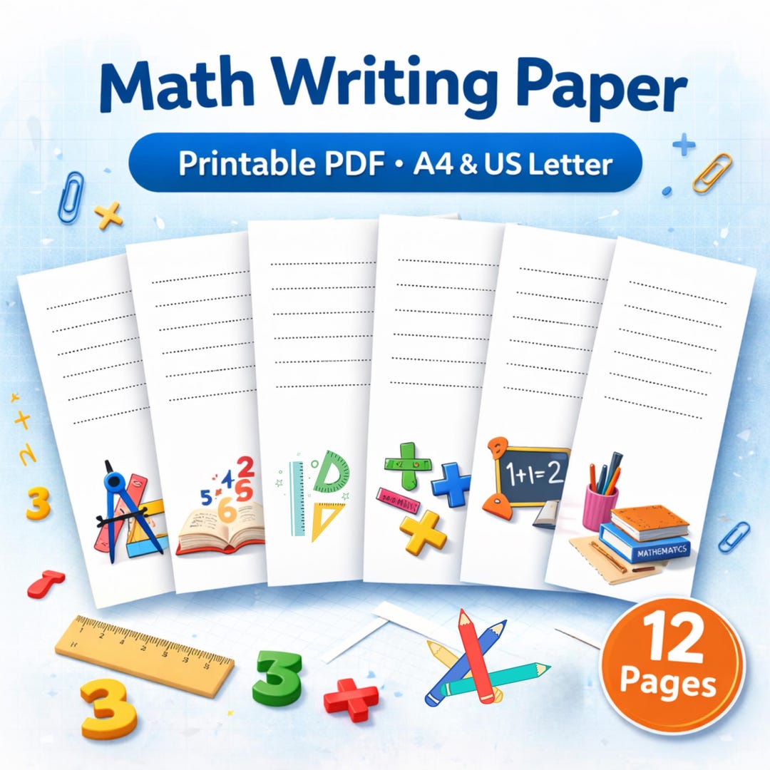 Math Writing Paper Printable PDF | Math Themed Lined Paper for Kids ...