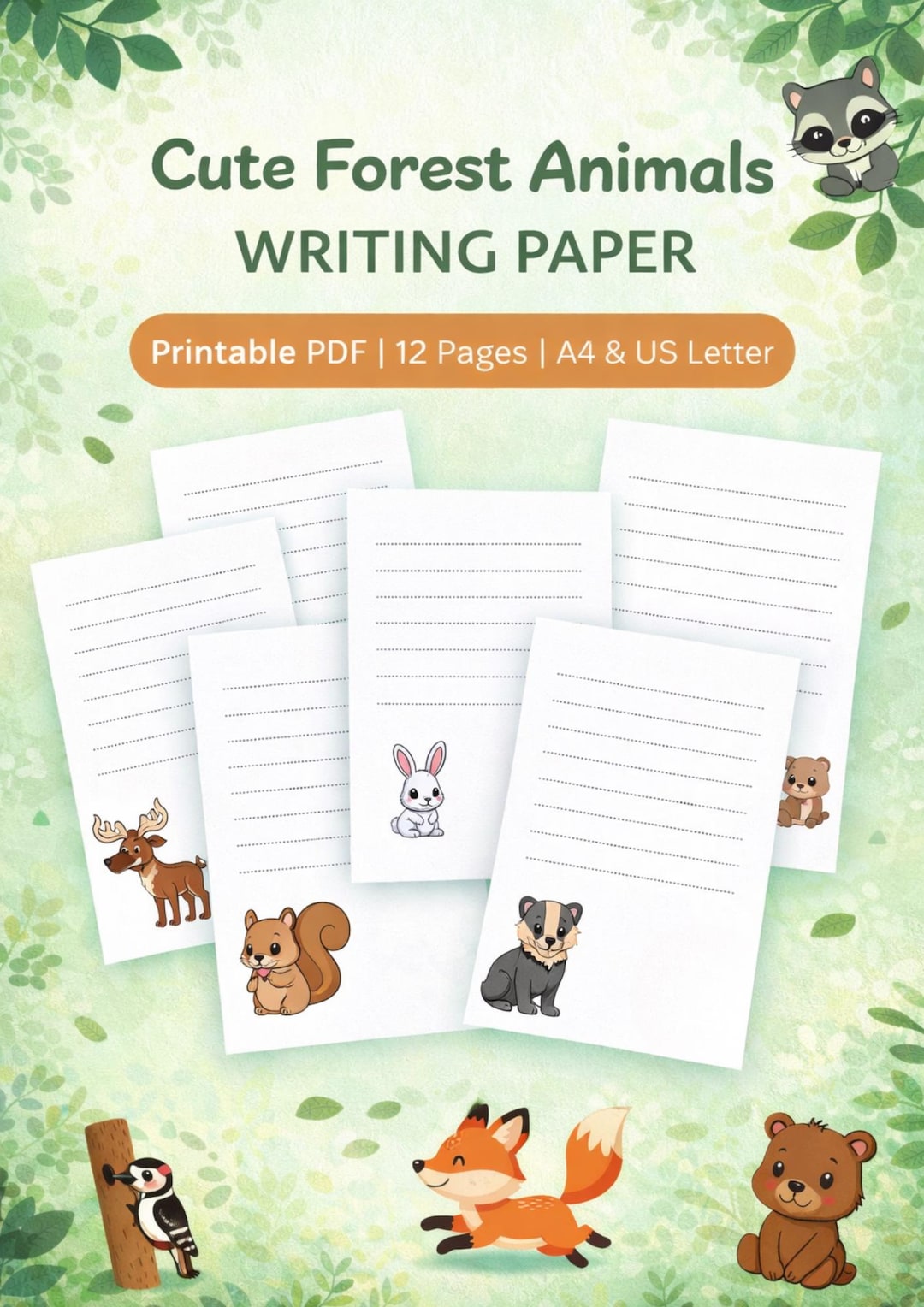 Cute Forest Animals Writing Paper Printable PDF – Kids Handwriting ...