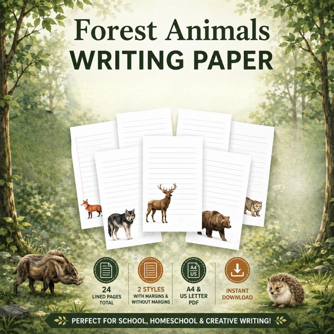 Forest Animals Writing Paper Printable, Kids Lined Stationery PDF, 24 ...