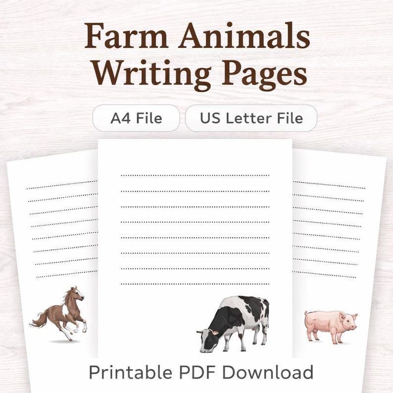 Farm Animals Writing Paper Printable – 12 Pages Lined Stationery PDF ...