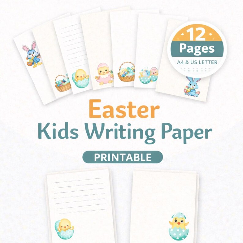 Easter Kids Writing Paper Printable – Cute Bunny & Chick Stationery, 12 ...