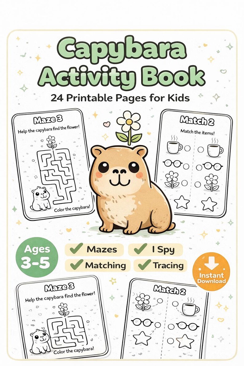 Capybara Activity Book for Kids, Printable Preschool Activities, Mazes ...
