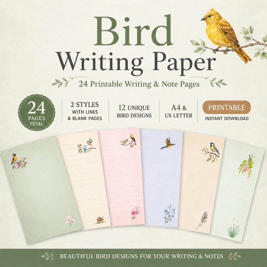Bird Writing Paper Printable | 24 Pastel Stationery Pages | Lined and ...