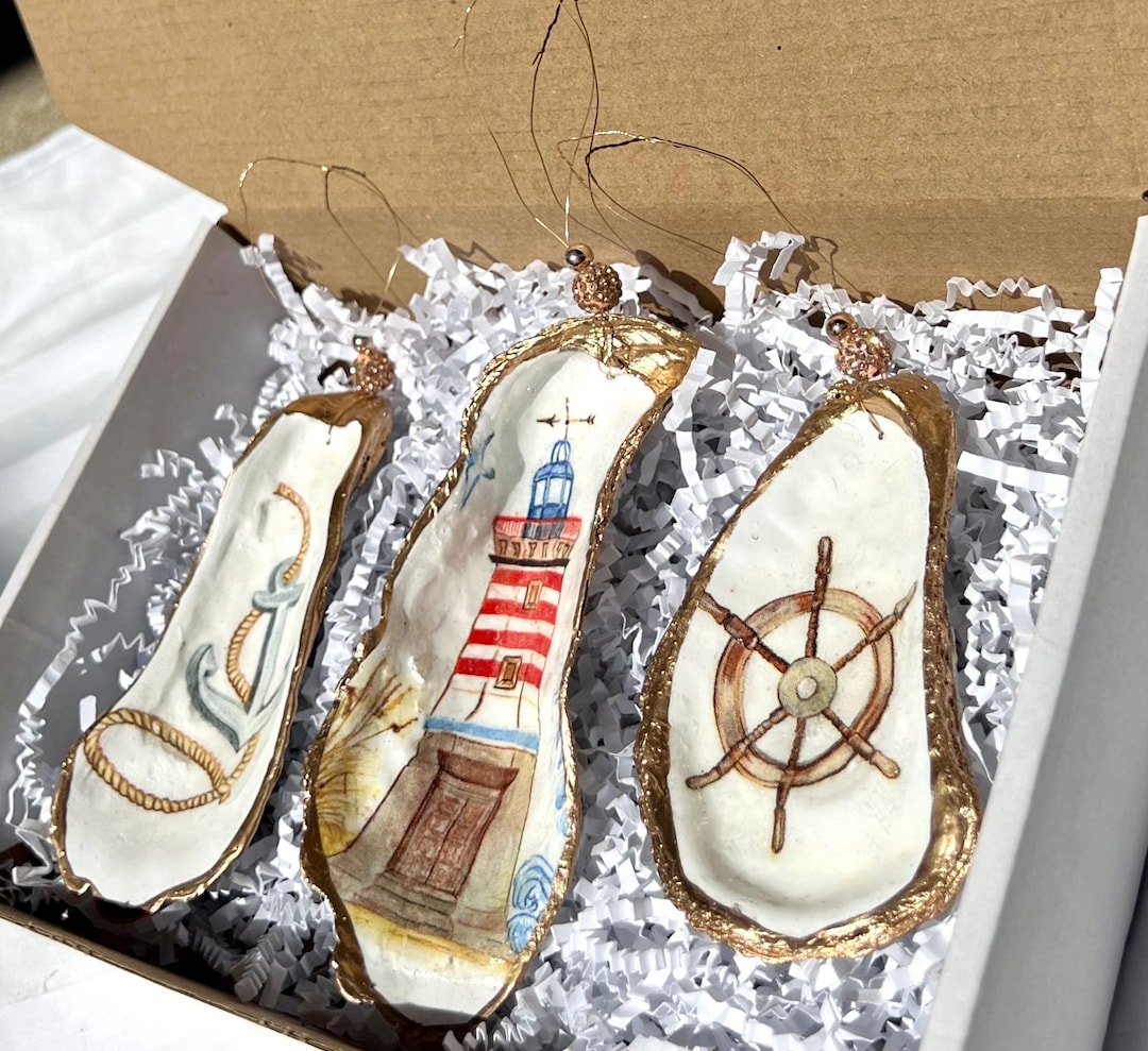 Lighthouse Oyster Ornament. Nautical Shell Ornament Set. Nautical Party ...