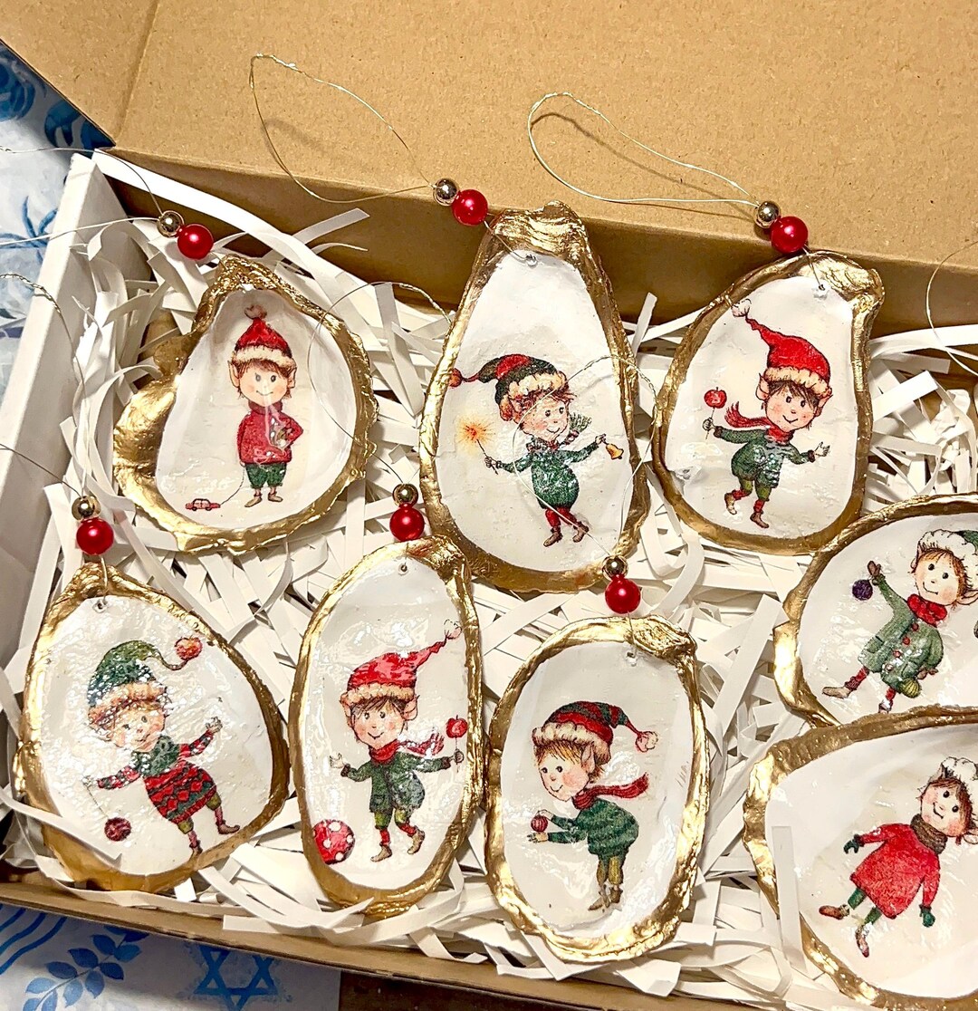Elves Christmas Ornament Set. Elf Decoupaged Oyster Shell Ornament. Elf ...
