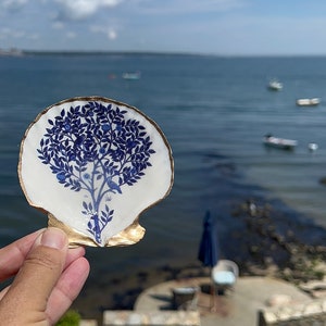 Blue and White Tree Design Shell Dish. Whimsical Decoupaged Clam Shell ...