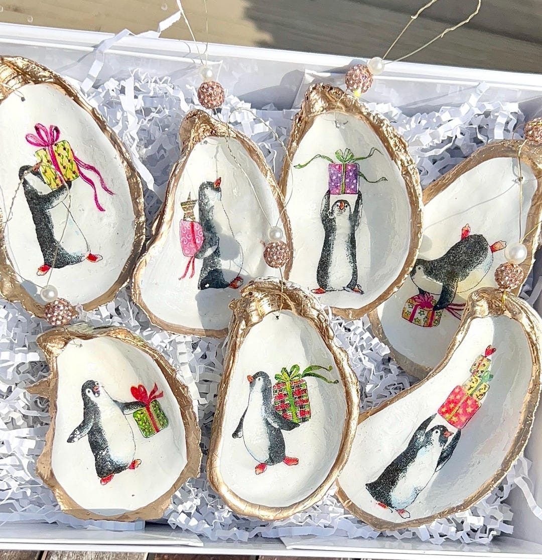 Penguin Christmas Ornament Set. Penguin Shell Ornament Set. Penguin ...