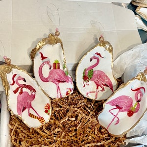 Large Festive Flamingos Oyster Shell Ornament Gift Set. Tropical ...