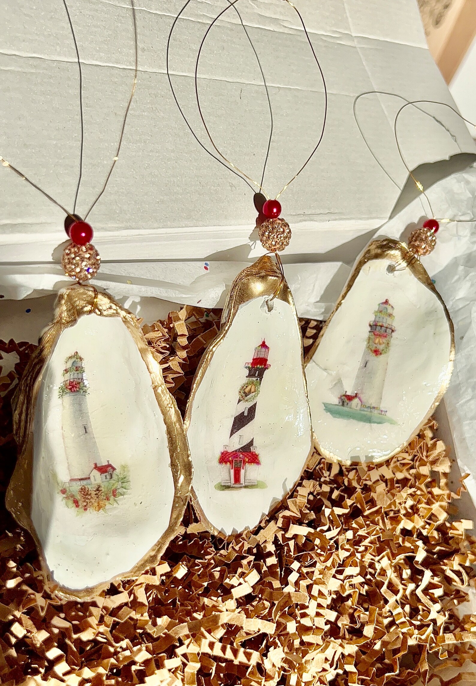 Festive Holiday Lighthouse Oyster Shell Ornament. Beach Christmas ...