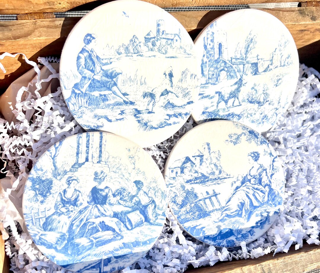 BLUE TOILE Coaster Set. French Country Coaster. French Country Decor ...