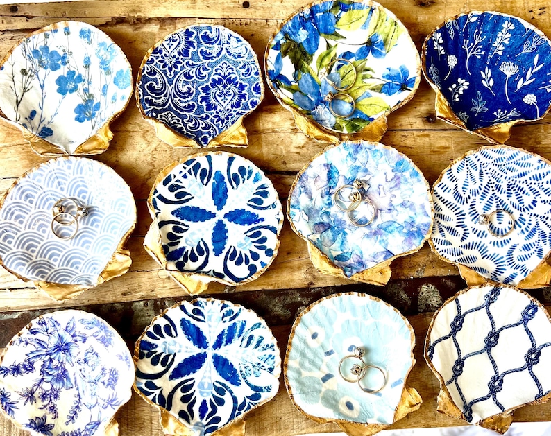 BLUE & WHITE Scallop Shell Ring Dish Bridal Shower Favor. Bulk Luxury ...