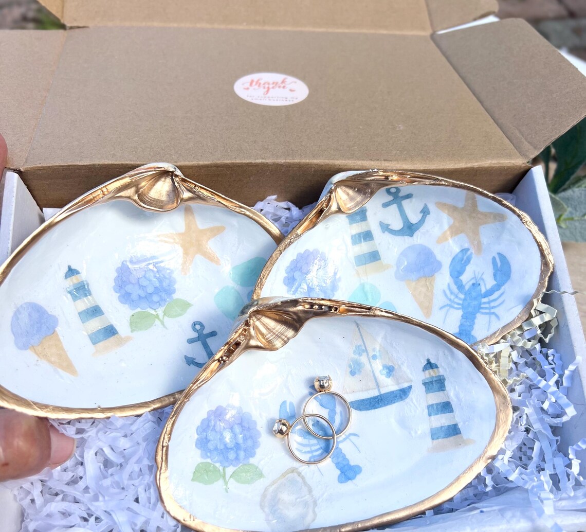 Coastal Coquette Shell Jewelry Dish - Decoupaged Shell Tray Coastal ...