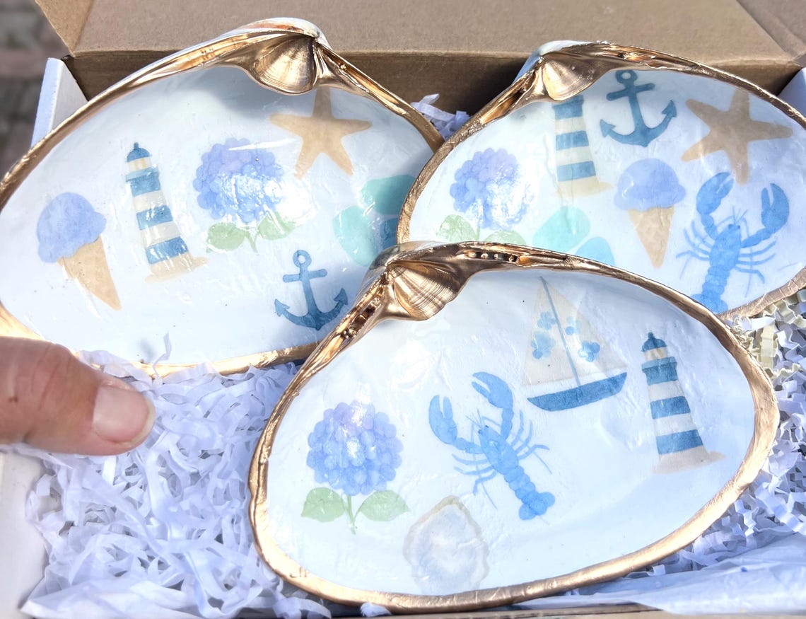 Coastal Coquette Shell Jewelry Dish - Decoupaged Shell Tray Coastal ...