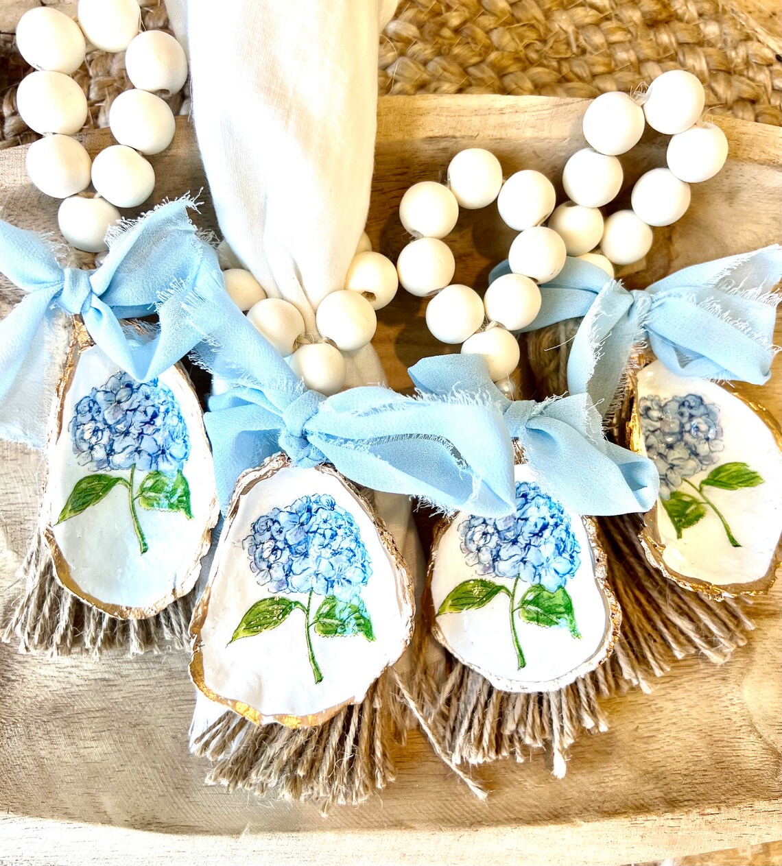 Hydrangea Bridal Shower Decor Idea Coastal Table Setting Shell Napkin ...