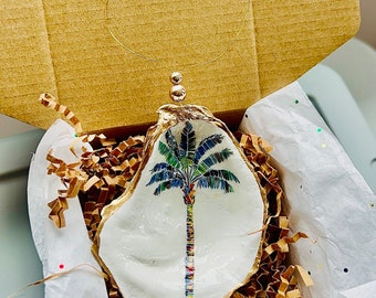 Flamingo and Palm Tree Oyster Shell Ornament. Tropical Christmas ...
