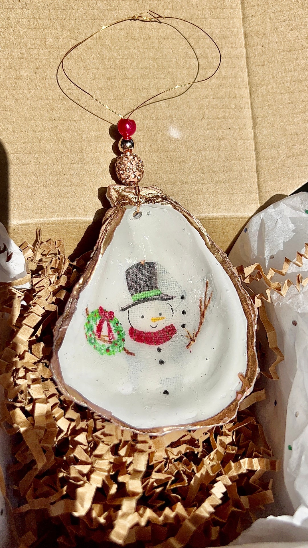 Cute Snowman With Wreath Decoupaged Christmas Ornament. Snowman Shell ...