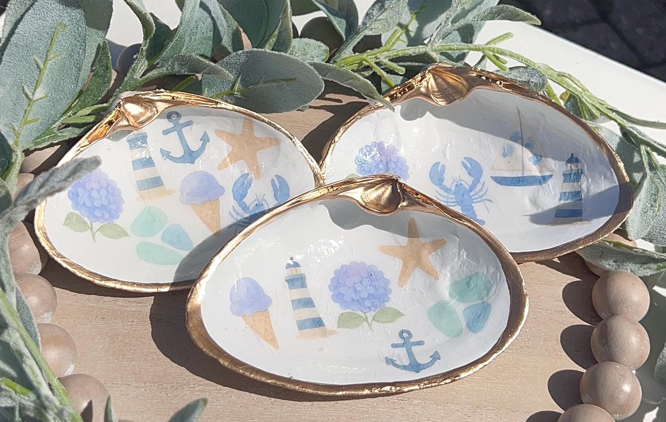 Coastal Coquette Shell Jewelry Dish - Decoupaged Shell Tray Coastal ...