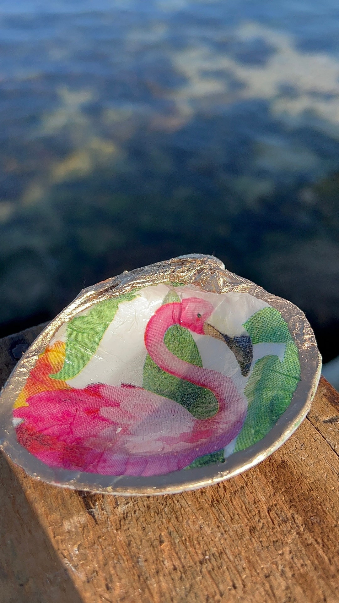Flamingo Shell Dish. Decoupaged Shell Dish. Flamingo Oyster Dish. Ring Dish. Tropical Soap Dish ...
