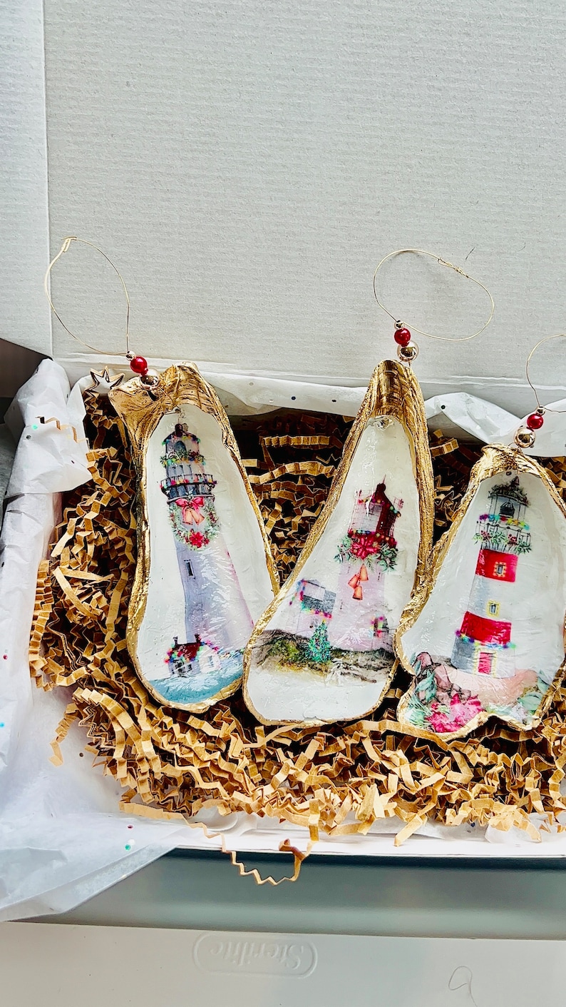 Lighthouse Oyster Shell Christmas Ornament. Large Holiday Lighthouse ...