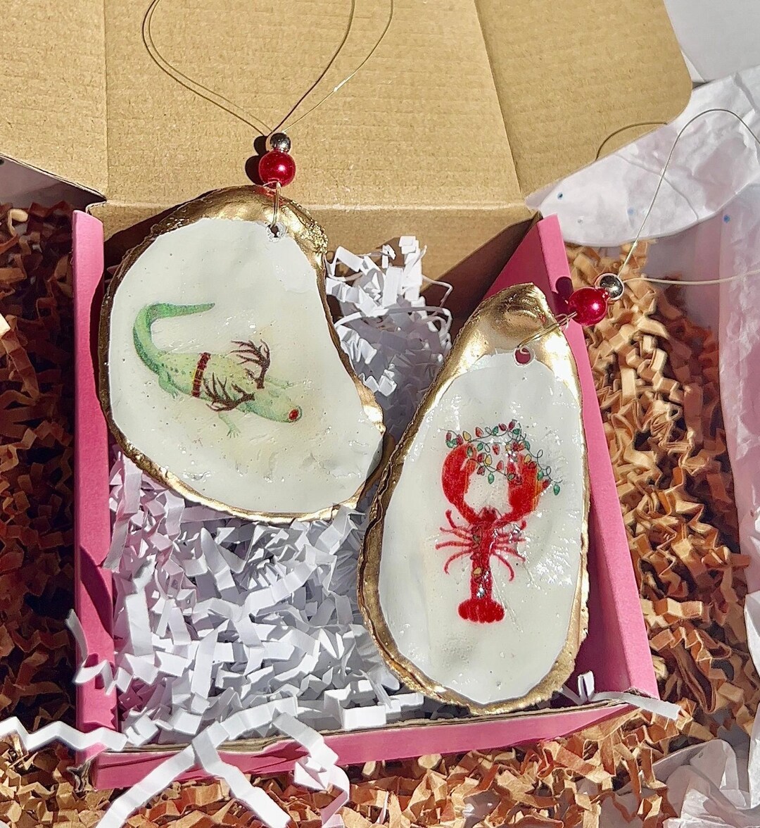 Cajun Christmas Crawfish Oyster Shell Ornament. Crawfish Alligator ...