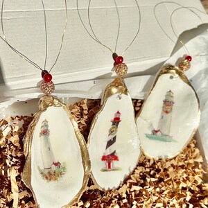 Festive Holiday Lighthouse Oyster Shell Ornament. Beach Christmas ...