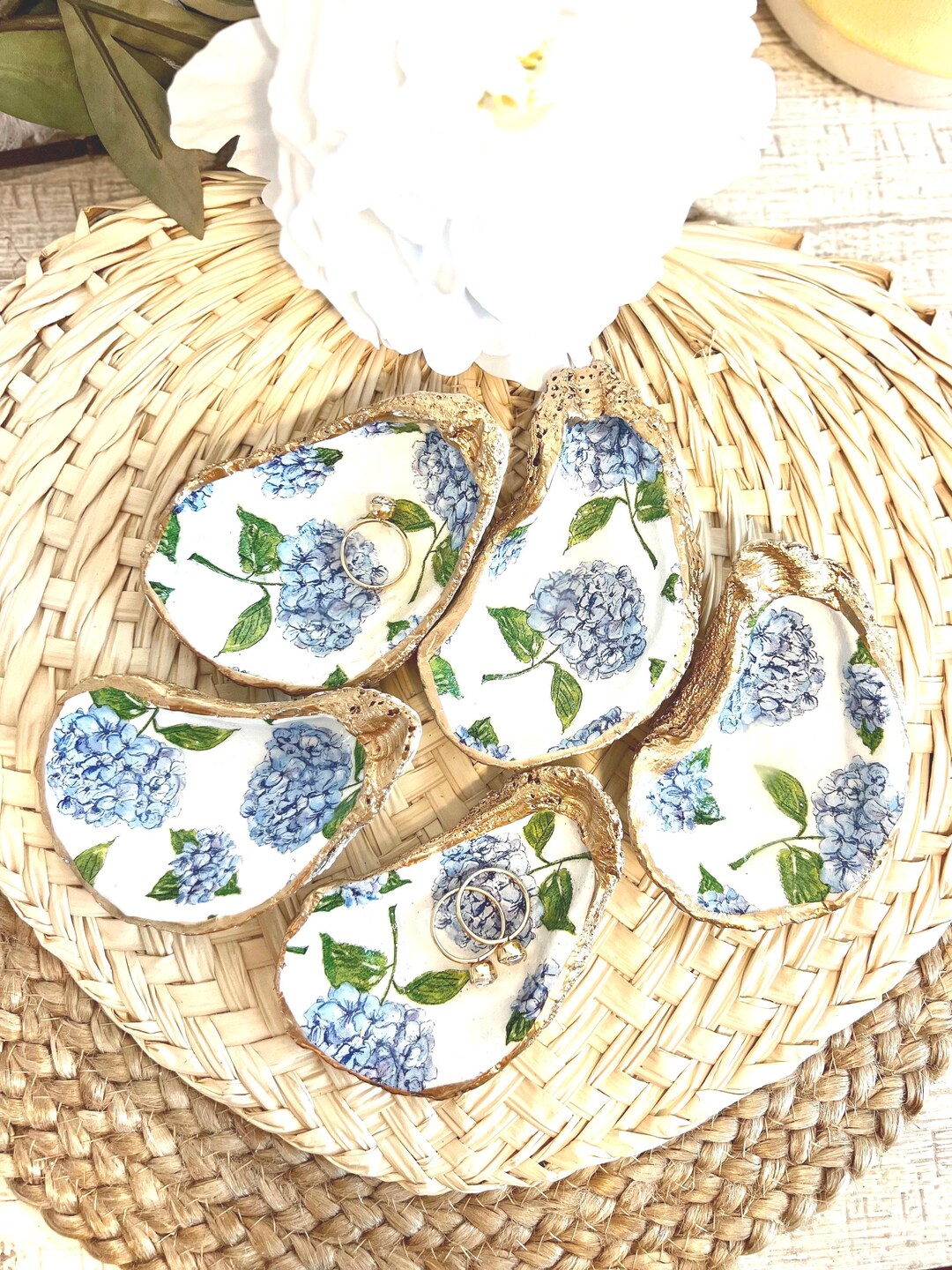 BLUE HYDRANGEA Lowcountry Wedding Favor Shell Dish. Lowcountry Party Shell Ring Dish. Blue ...