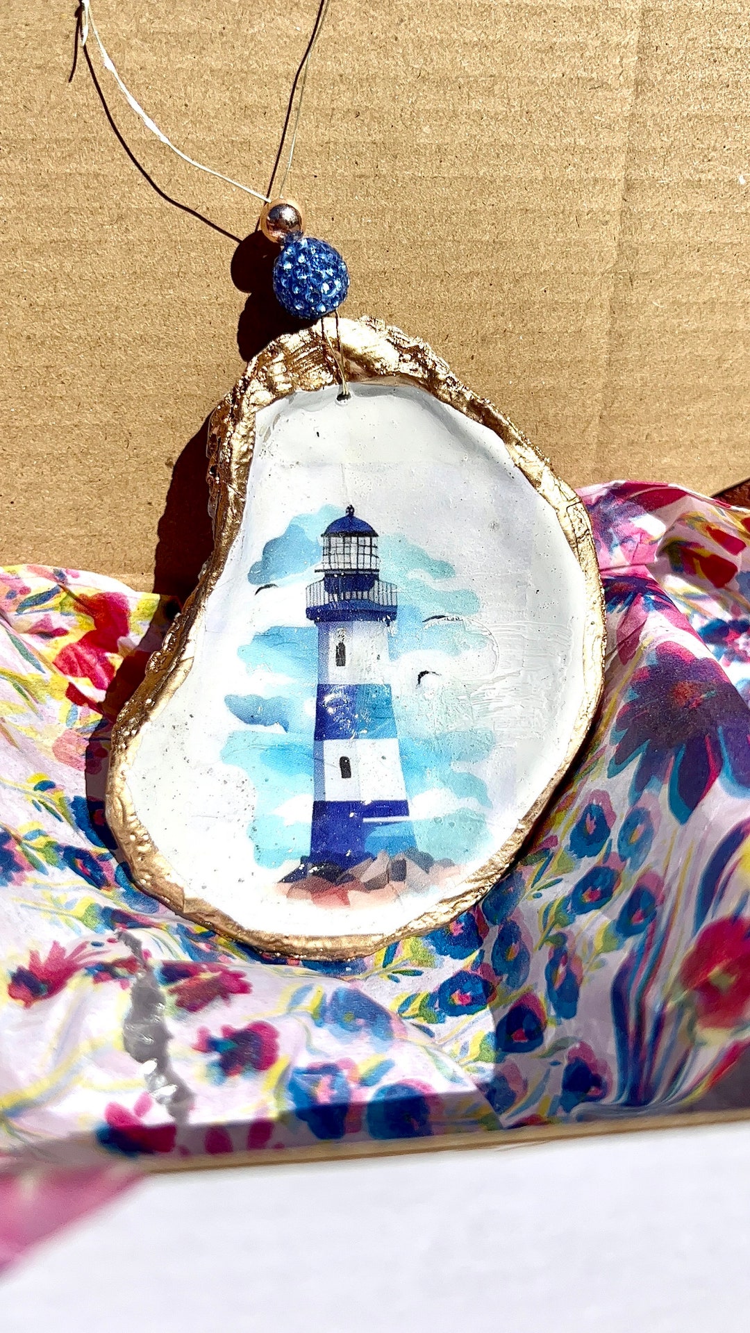 Blue and White Lighthouse Oyster Shell Ornament. Beach Christmas. Beach Decor. Christmas Oyster ...