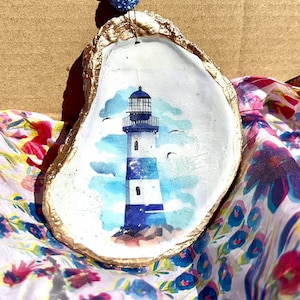 Blue and White Lighthouse Oyster Shell Ornament. Beach Christmas. Beach ...