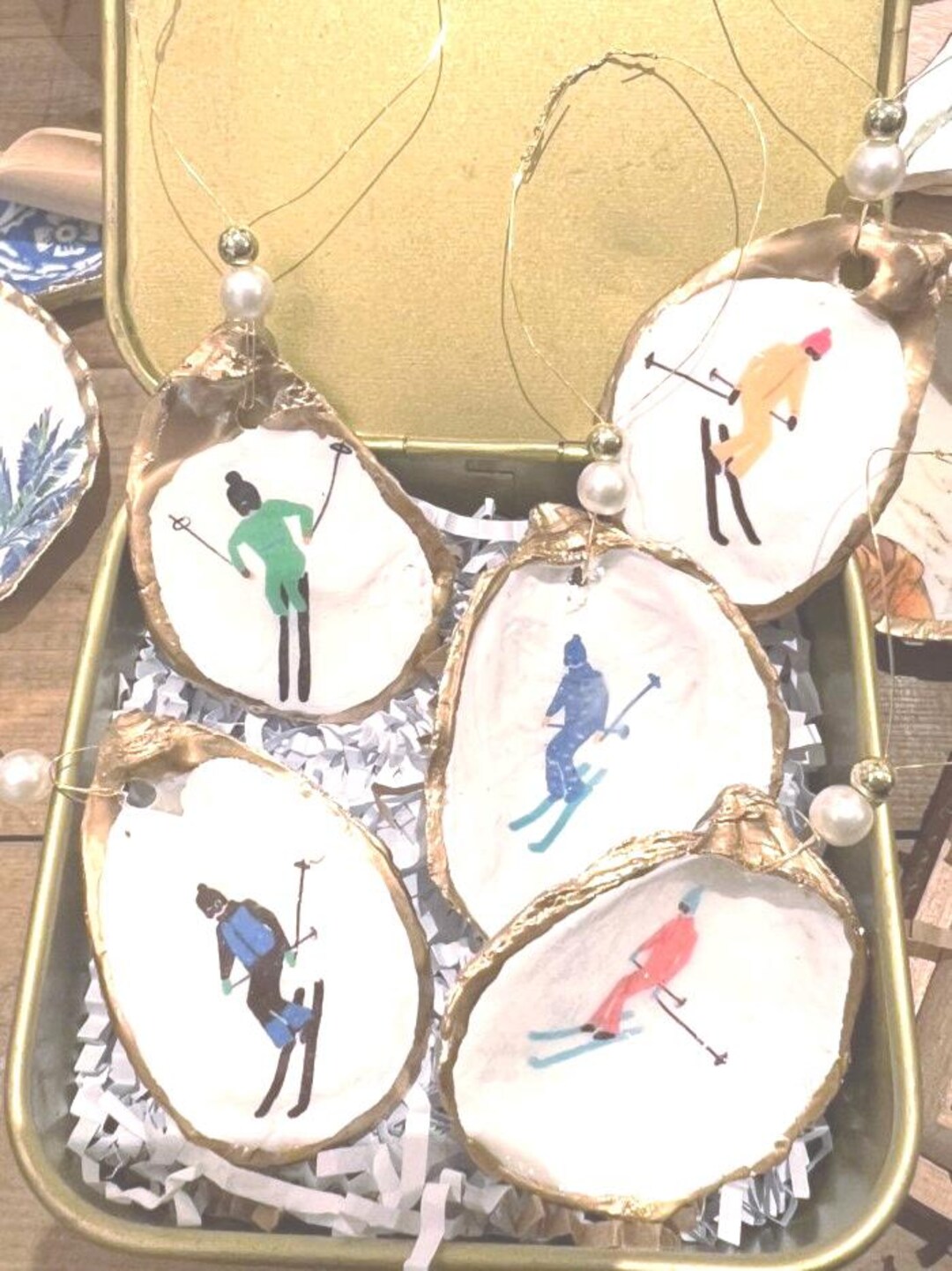 Skier Ornament. Skier Oyster Shell Ornament. Skiing Christmas Ornament ...