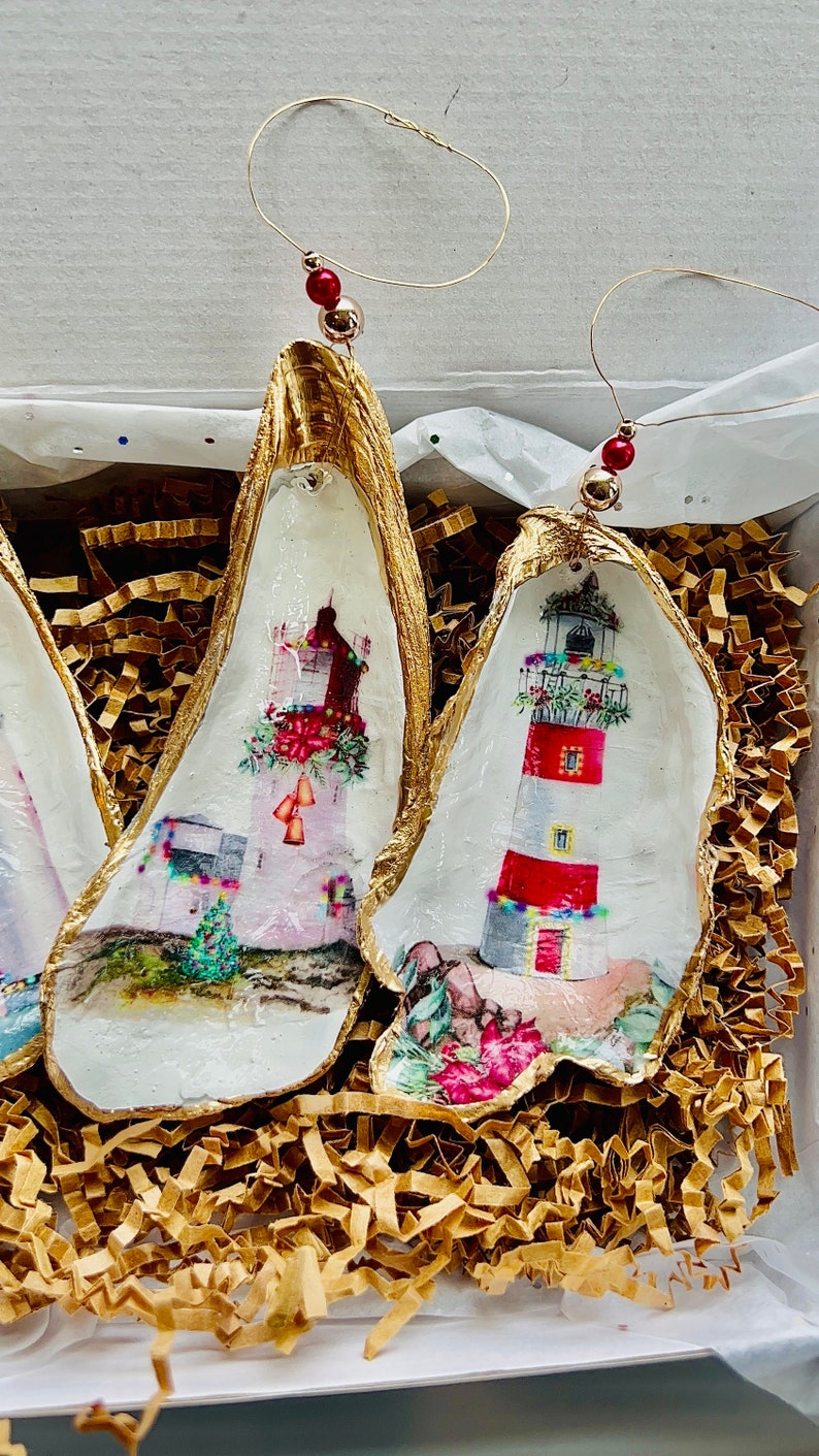 Lighthouse Oyster Shell Christmas Ornament. Large Holiday Lighthouse ...