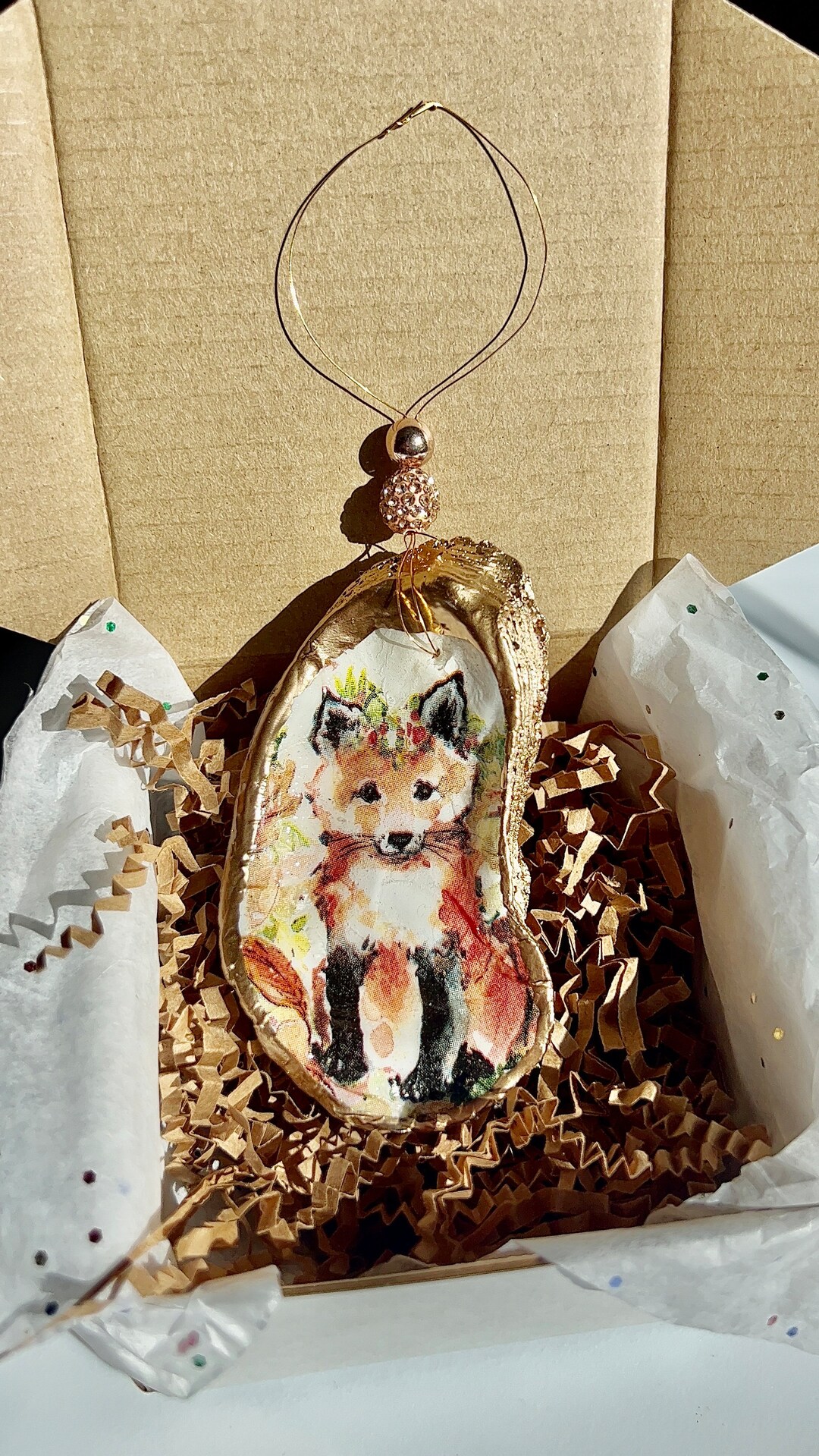 Fox Oyster Shell Ornament. Decoupaged Fox Shell Art Christmas Ornament ...