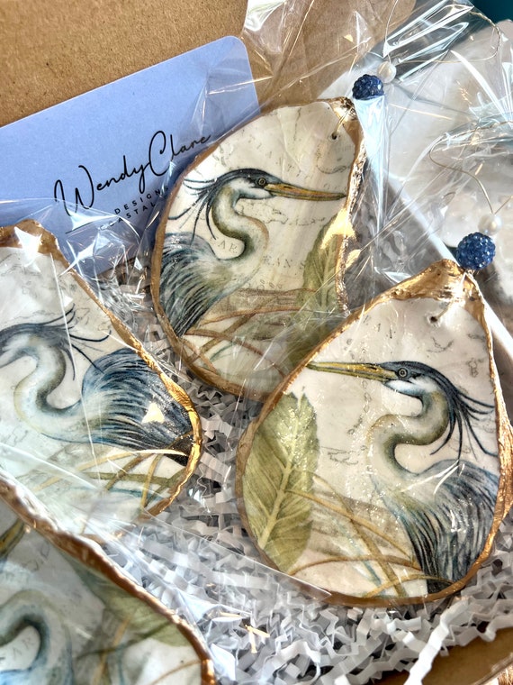 Destination wedding favor Vintage Blue Heron Shell Ornament. Luxury wedding favor. Egret Christmas Ornament. Bird beach lover gift idea