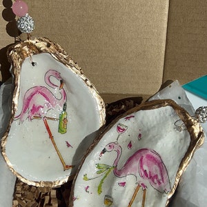 Drinking Pink Flamingos Oyster Shell Ornament. Tropical Christmas ...