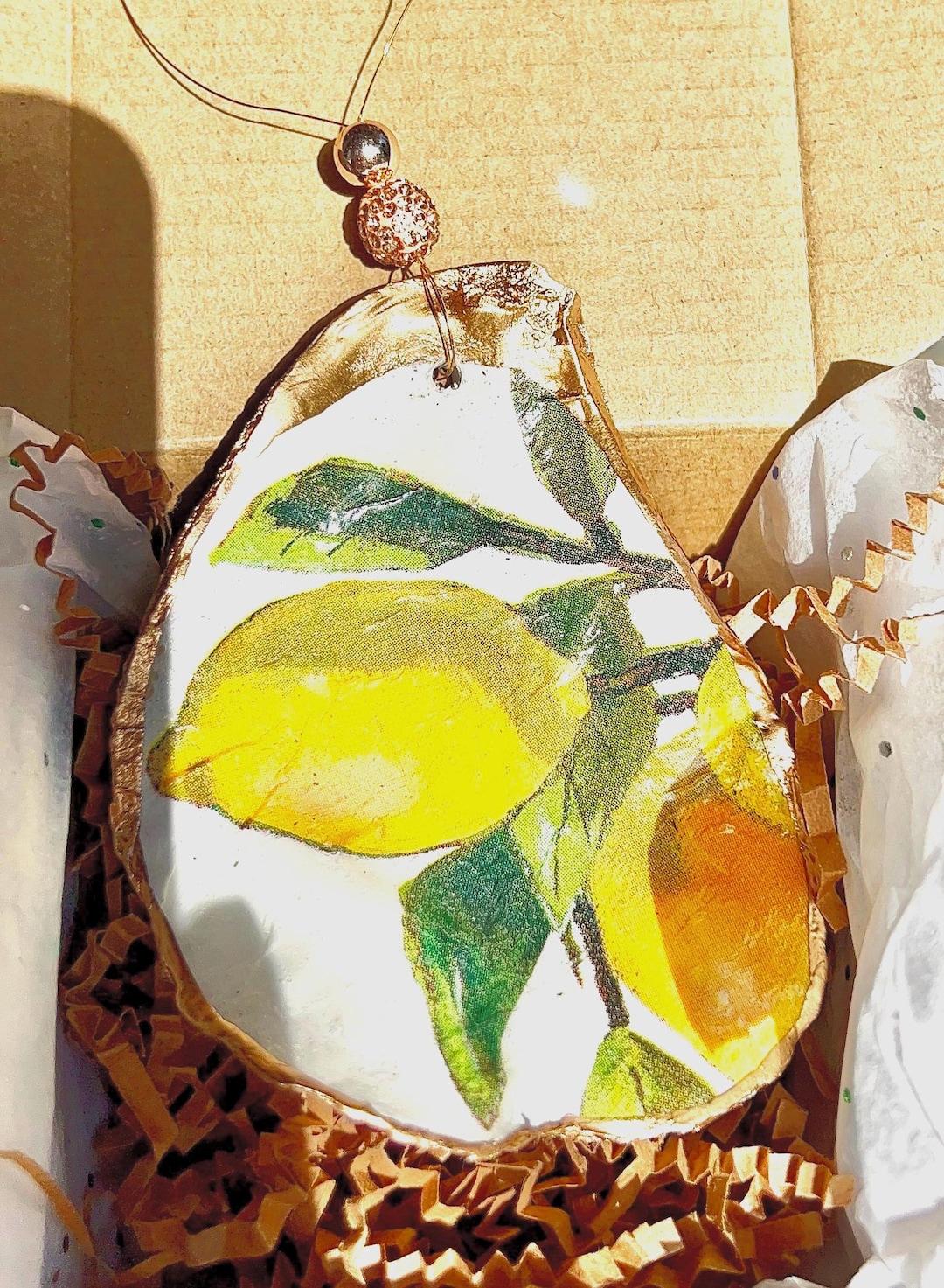 Lemon Oyster Shell Ornament. Lemon Decoupaged Shell Christmas Ornament ...