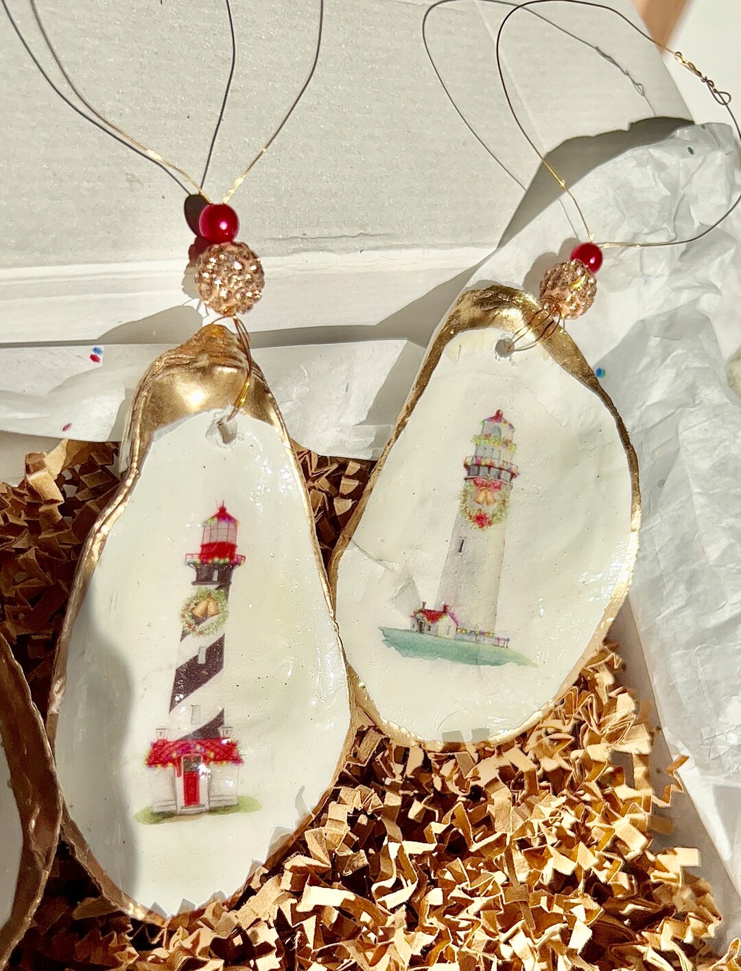 Festive Holiday Lighthouse Oyster Shell Ornament. Beach Christmas ...