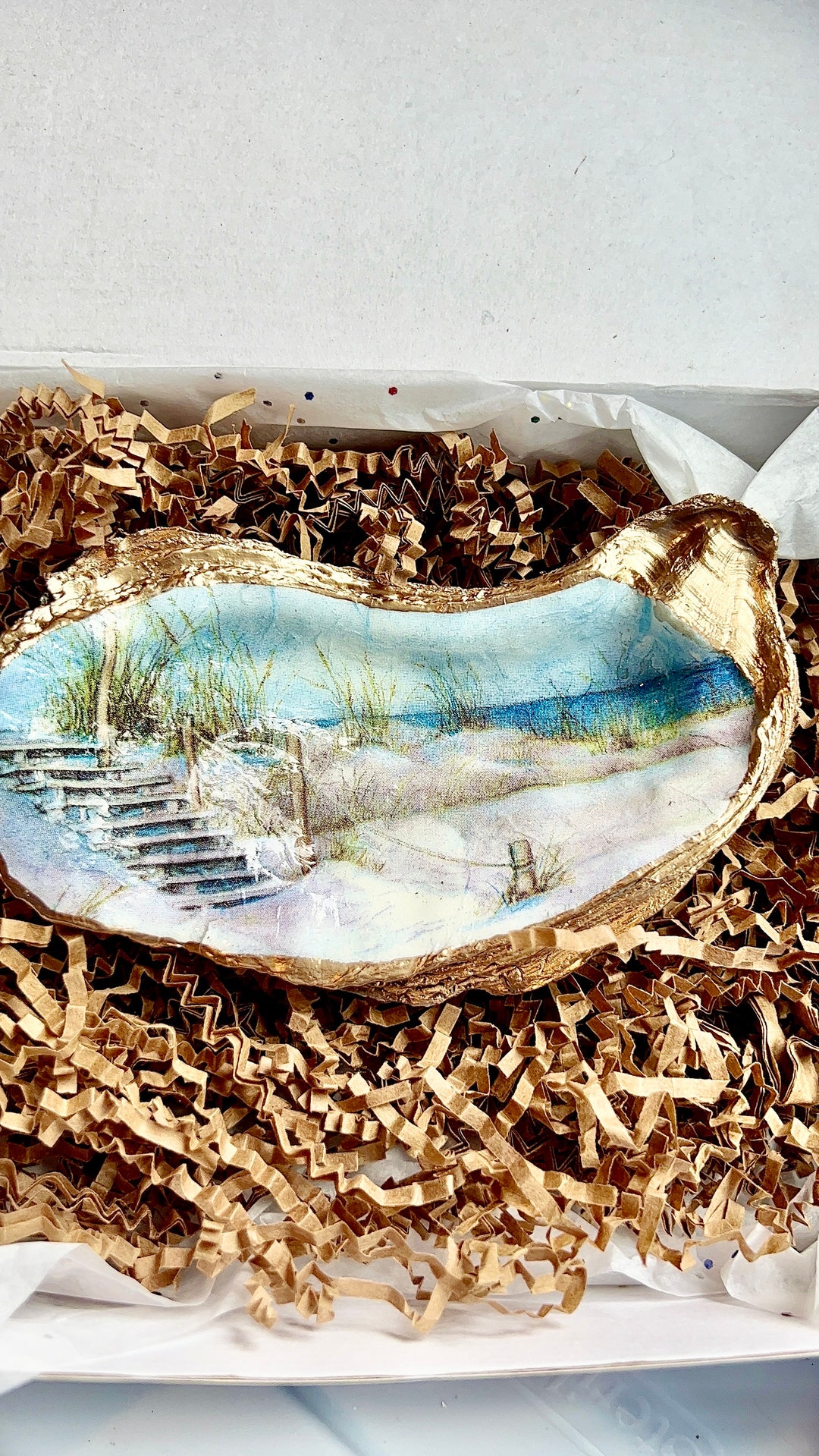 BEACH DUNES Wedding Favor Decoupaged Shell Dish. Beachy Oyster Dish Gift Catchall Tray. Luxury ...