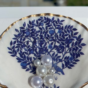 Blue and White Tree Design Shell Dish. Whimsical Decoupaged Clam Shell ...