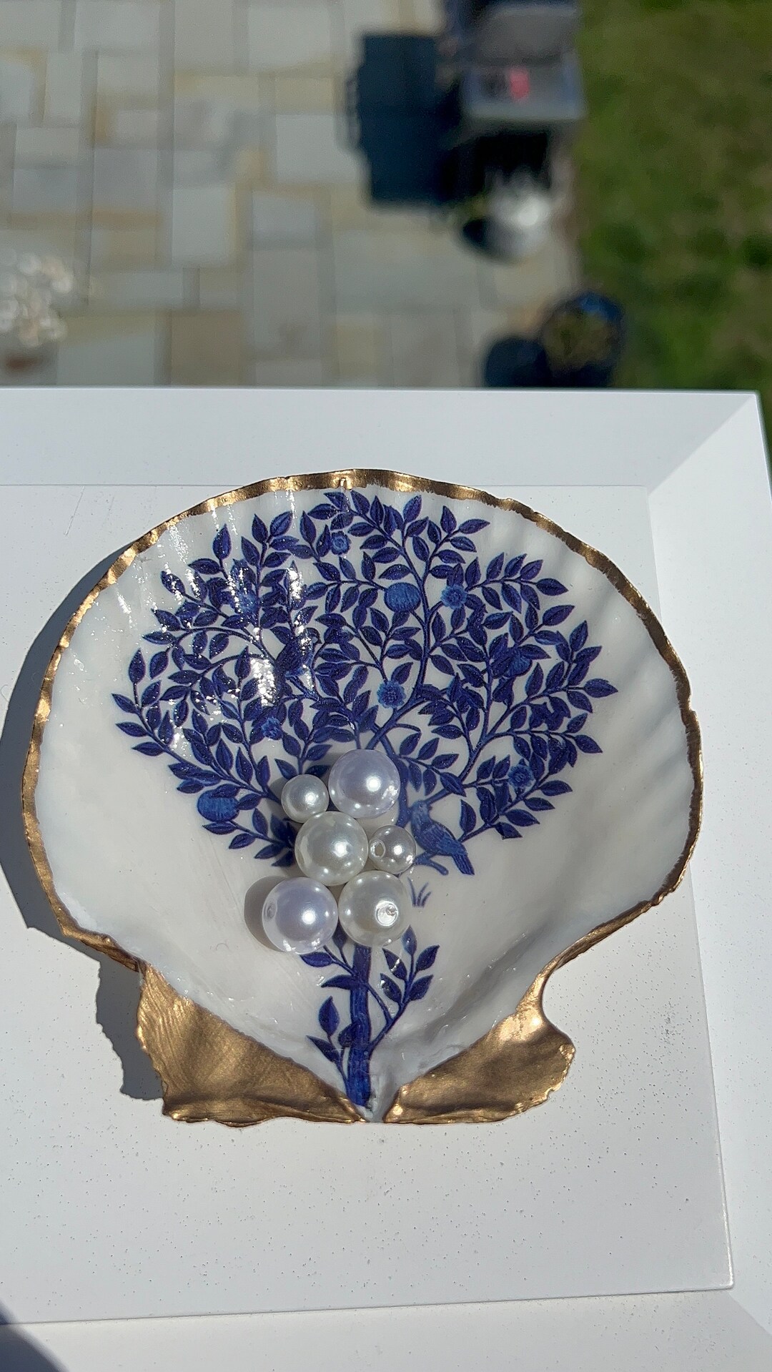 Blue and White Tree Design Shell Dish. Whimsical Decoupaged Clam Shell ...