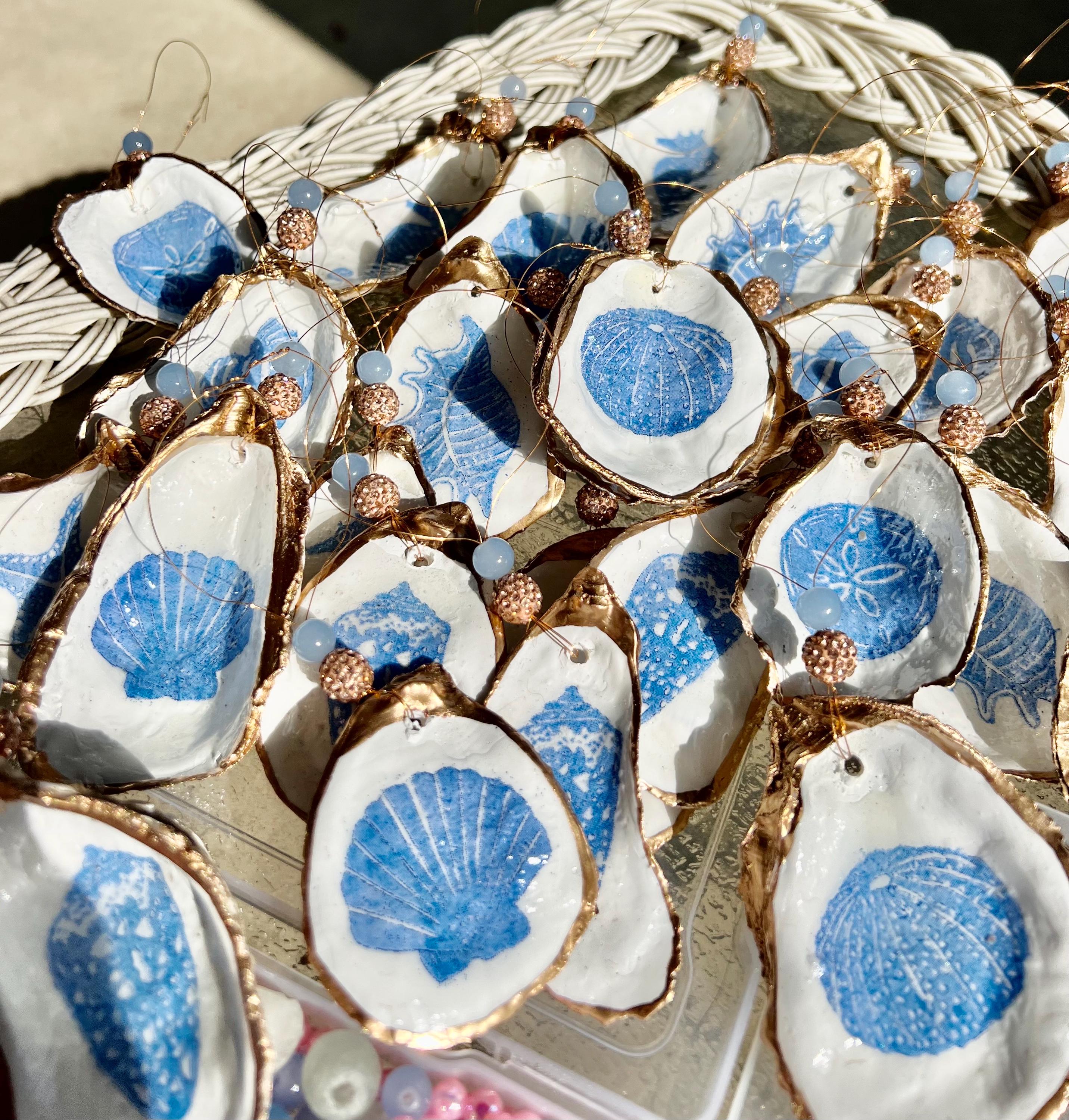 Decoupaged Coastal Shell Ornament Set. Light Blue Shell Ornament ...